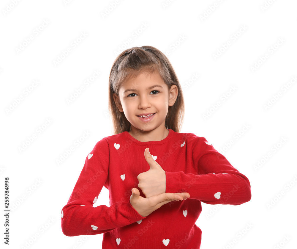 Little girl showing HELP gesture in sign language on white background ...