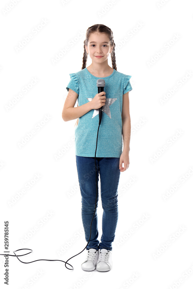 Cute girl with microphone on white background Stock Photo | Adobe Stock