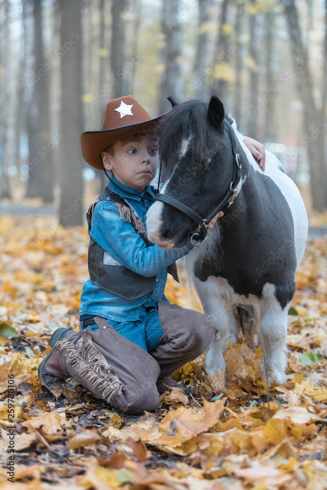 The boy in a suit of the cowboy embraces a tiny pony in the park in the ...