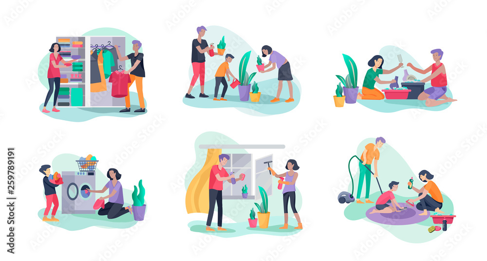 Family Doing Household Chores Clipart