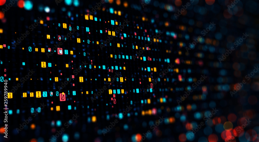 Color bytes of binary code flying through a vortex, background code ...
