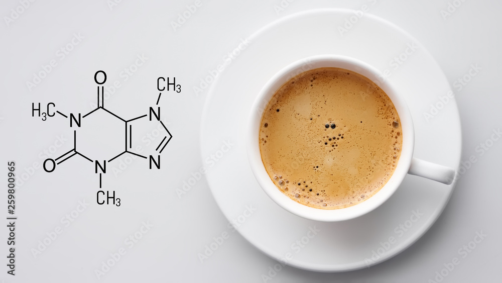 Cup of fresh coffee on white background. Blackboard with the chemical ...