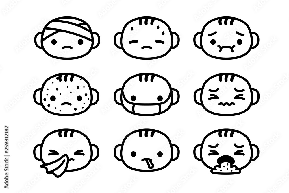 Set Of Cartoon Sick Characters Isolated On White Background Stock ...
