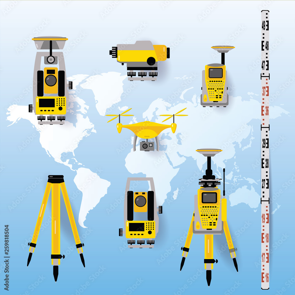 Geodetic measuring equipment icon set, engineering technology for land ...