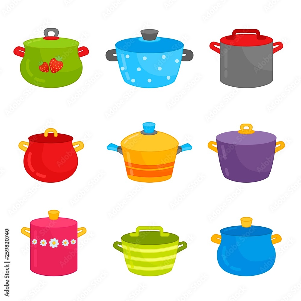 Vector set of dishes. Illustration of cartoon pans. Stock Vector ...