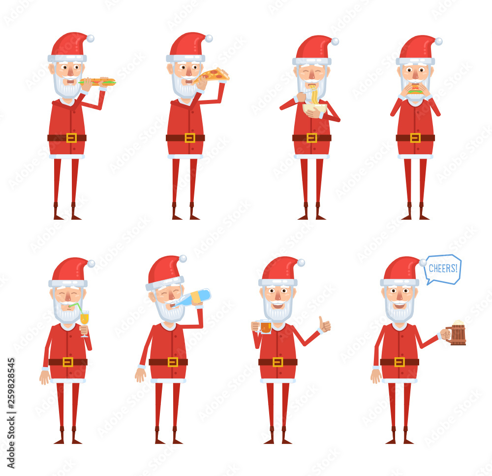 Set of Santa Claus characters posing with different food and drinks ...