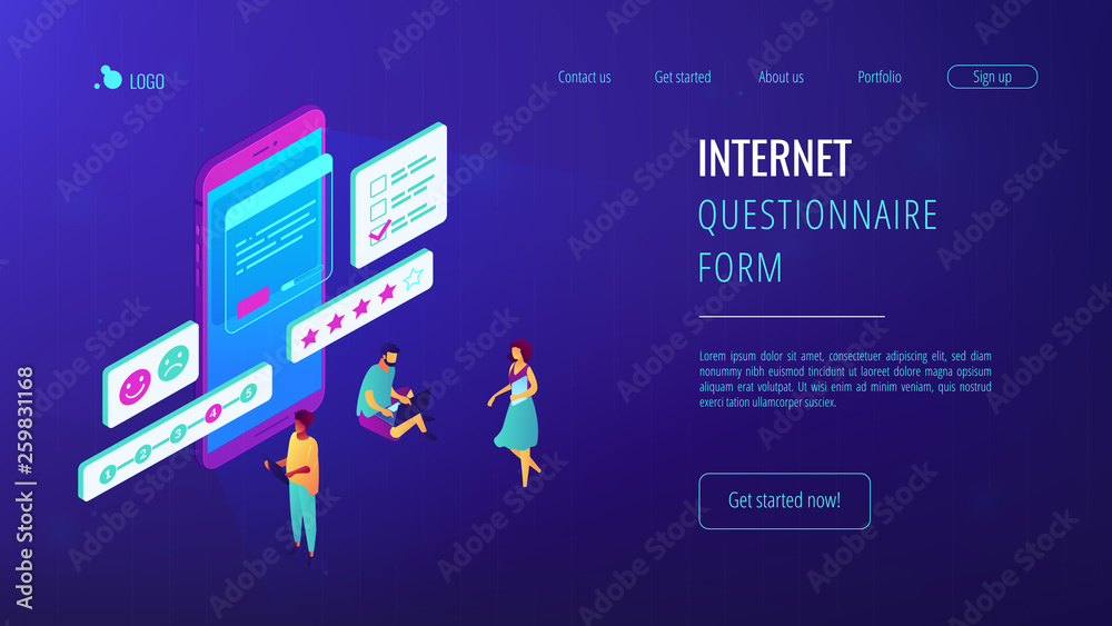 Tiny people at smartphone filling out questionnaire form and rating ...