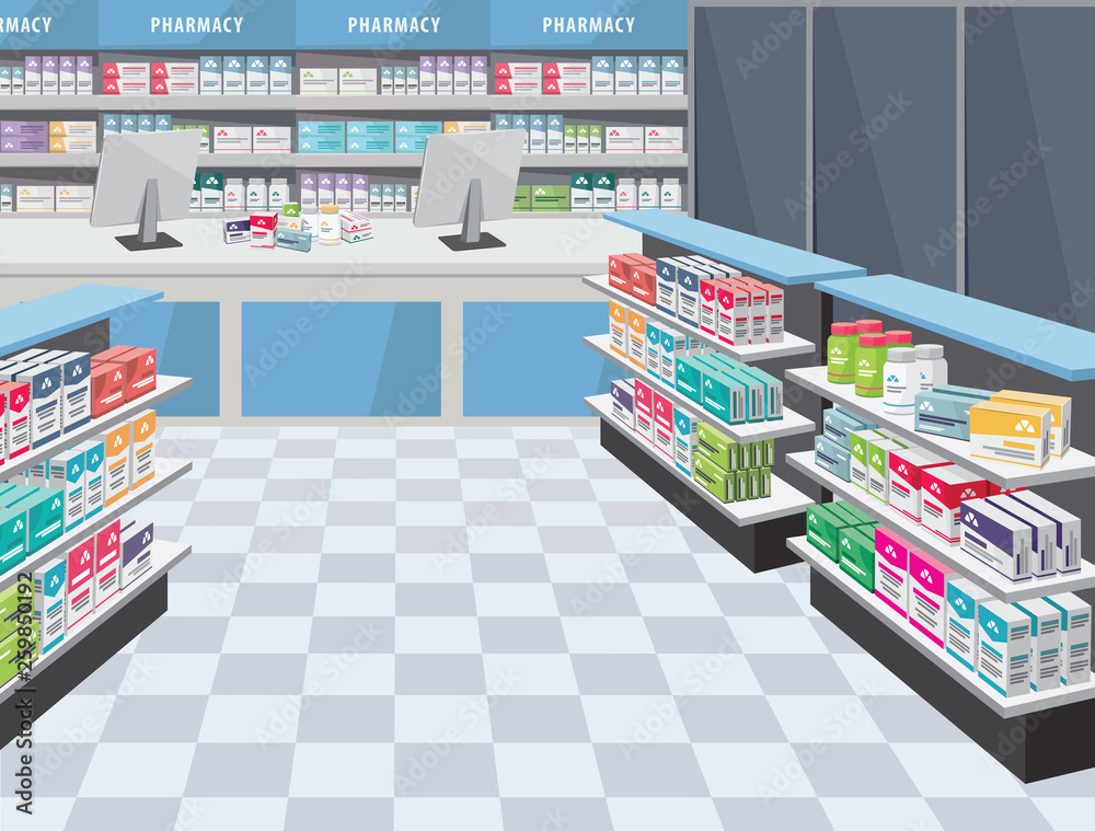 Modern interior pharmacy and drugstore. Sale of vitamins and ...
