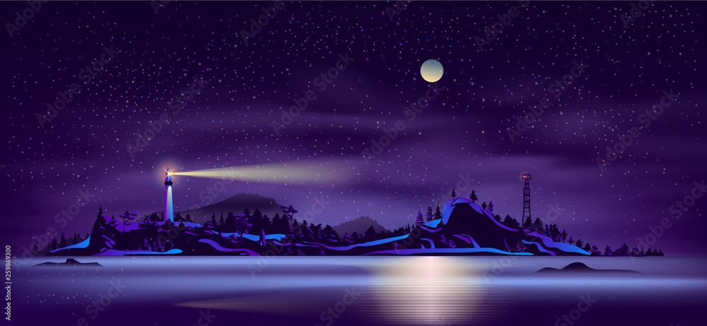 Sea or ocean island, wild northern land seashore night landscape with ...