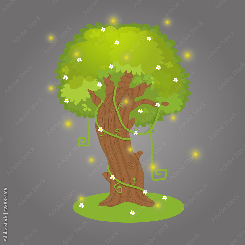 Tree with green foliage. Magic tree. Cartoon. Vector. A tree surrounded ...