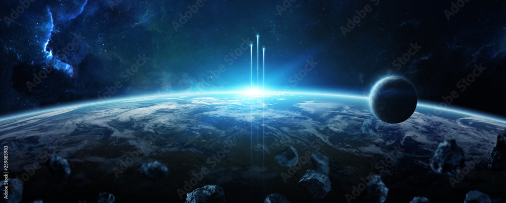 Distant planet system in space with exoplanets 3D rendering elements of ...