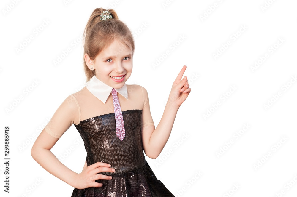 Teenage girl in business suit wearing a pink tie on a white background ...