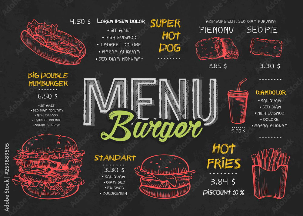 Burger menu poster design on the chalkboard elements. Fast food menu ...