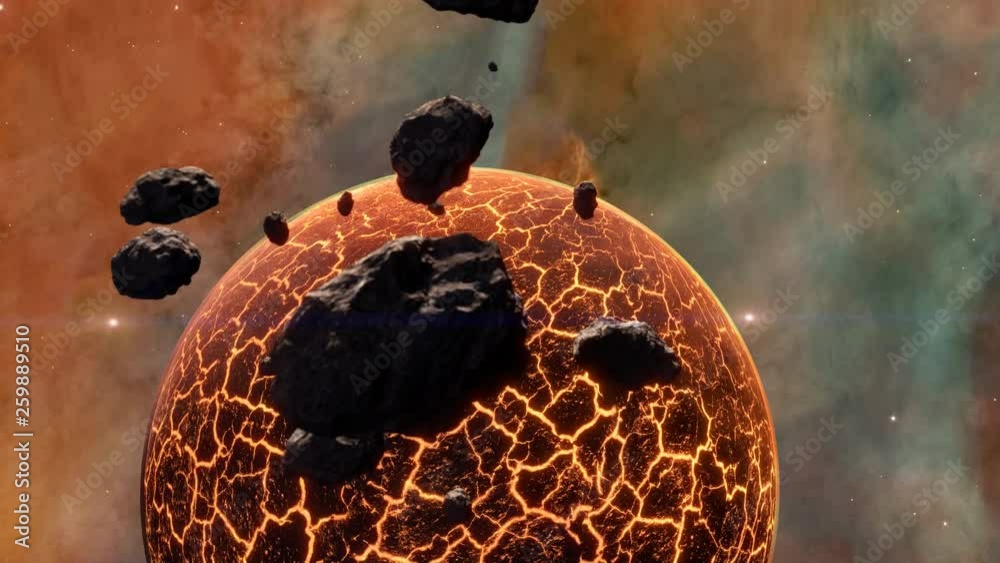 Flying towards the surface of Lava-Planet. There is a sun, and space ...