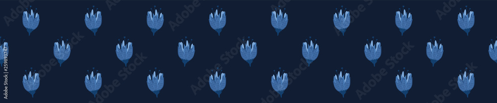 Indigo blue hand painted floral vector seamless border pattern ...