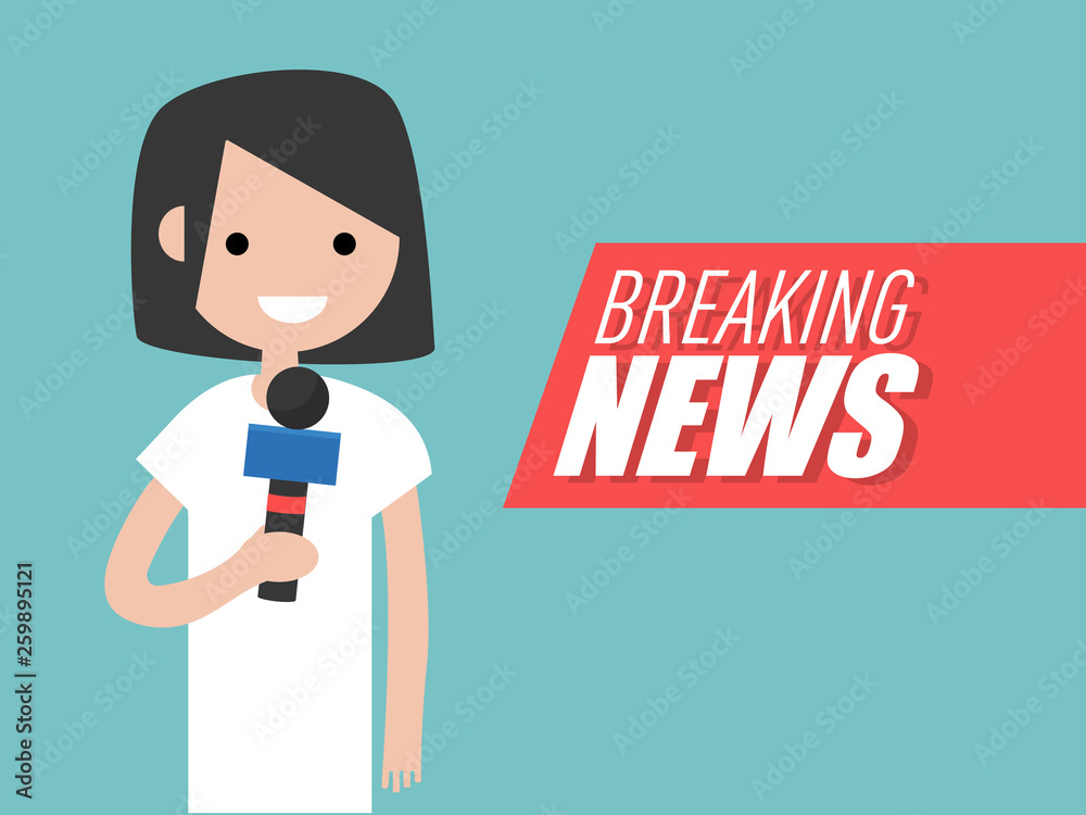 Breaking news,Young character reporter holding a microphone.Flat ...
