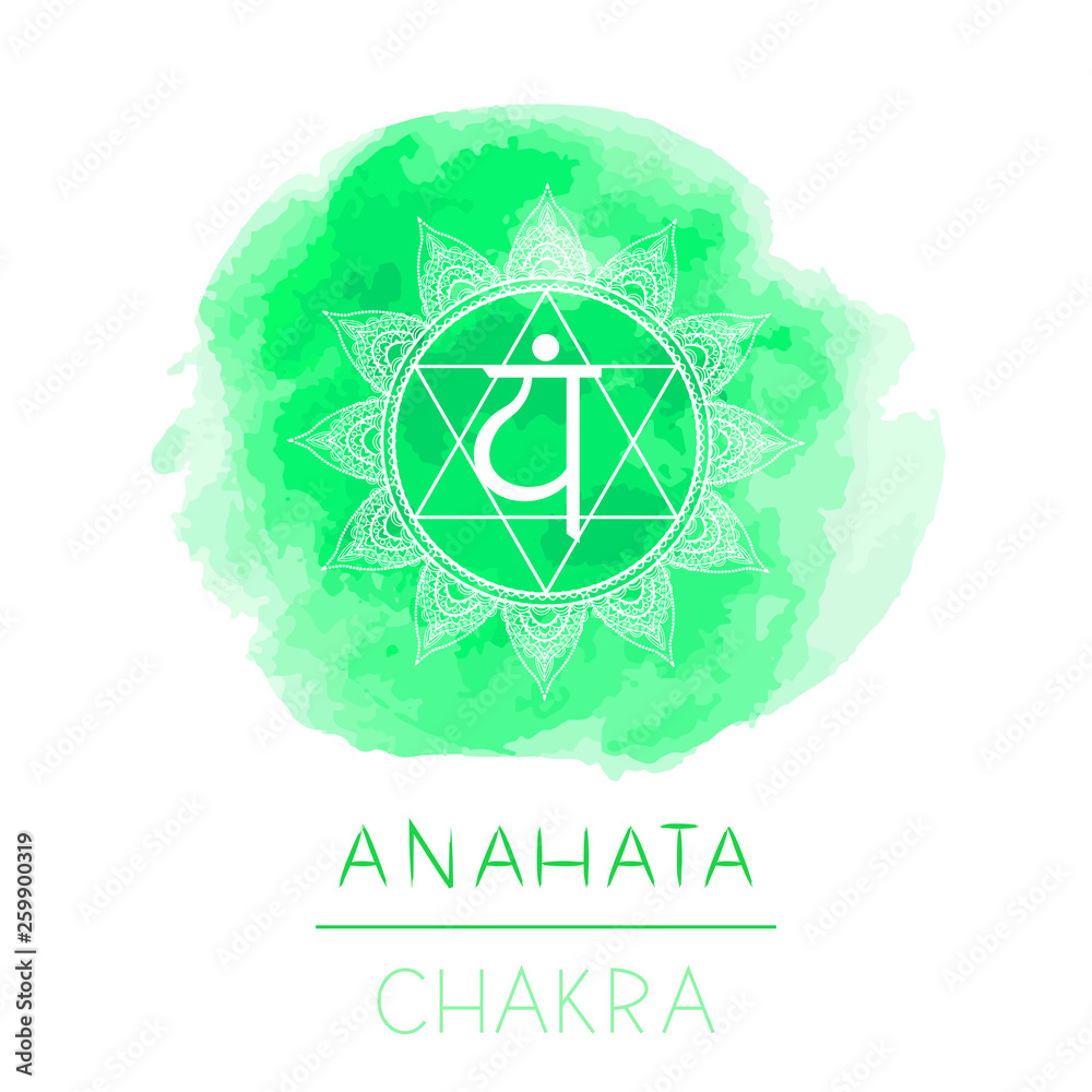 Vector illustration with symbol chakra Anahata and watercolor element ...