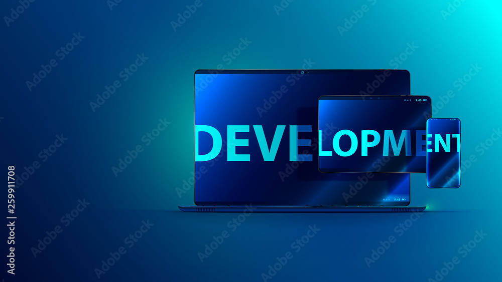 Development software. Technology business programming and coding app. Word development on screen ...