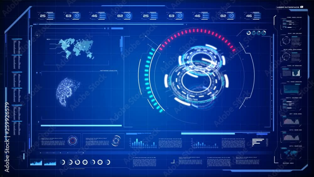 4K UI User Interface with HUD pi bar text box table black background ...