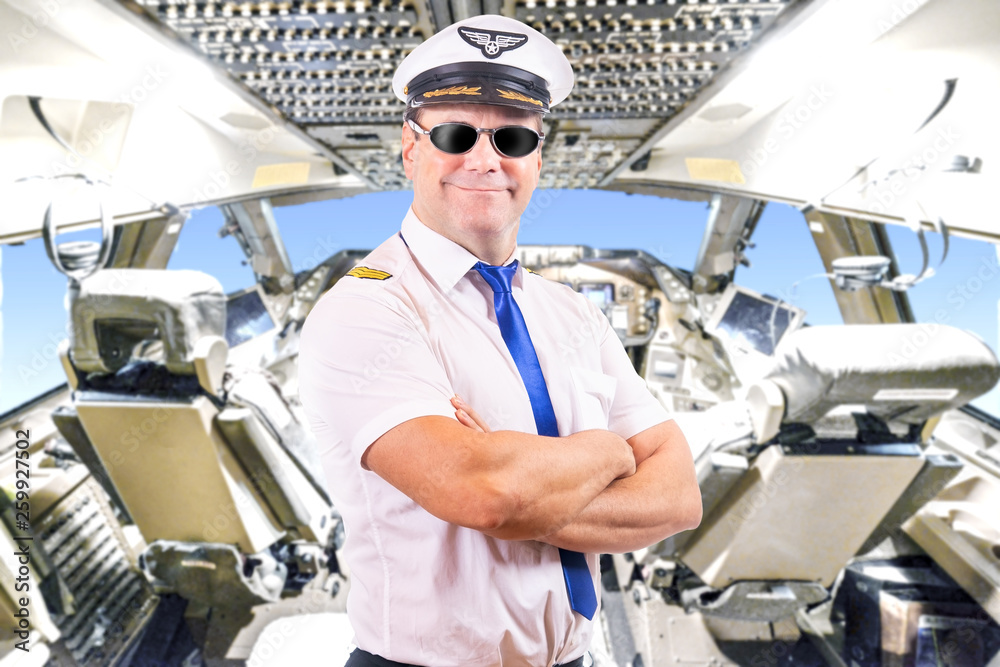 Adult pilot with sunglasses, background of cockpit plane. Captain of ...