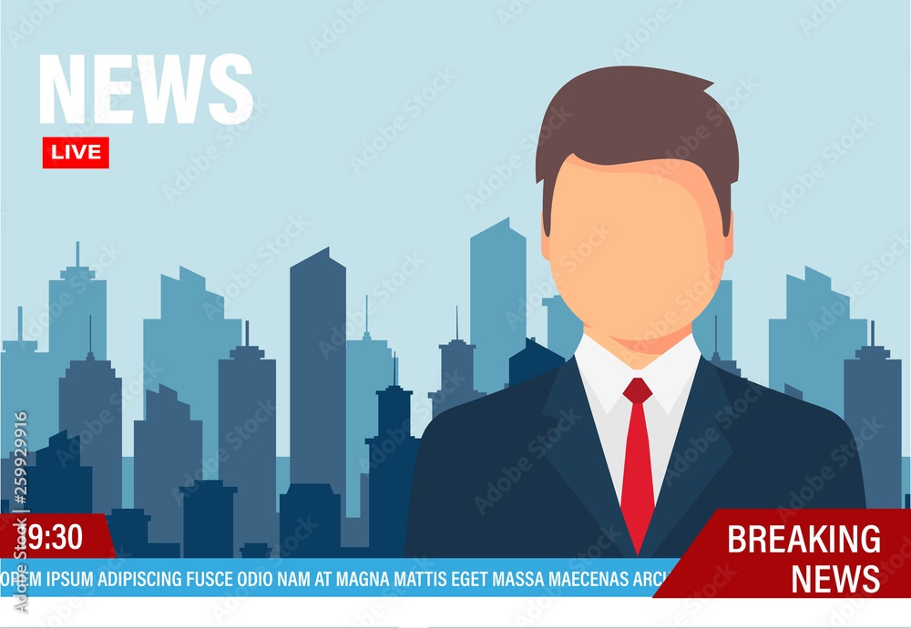 TV news studio with broadcaster. News Anchor on TV. Vector Illustration ...