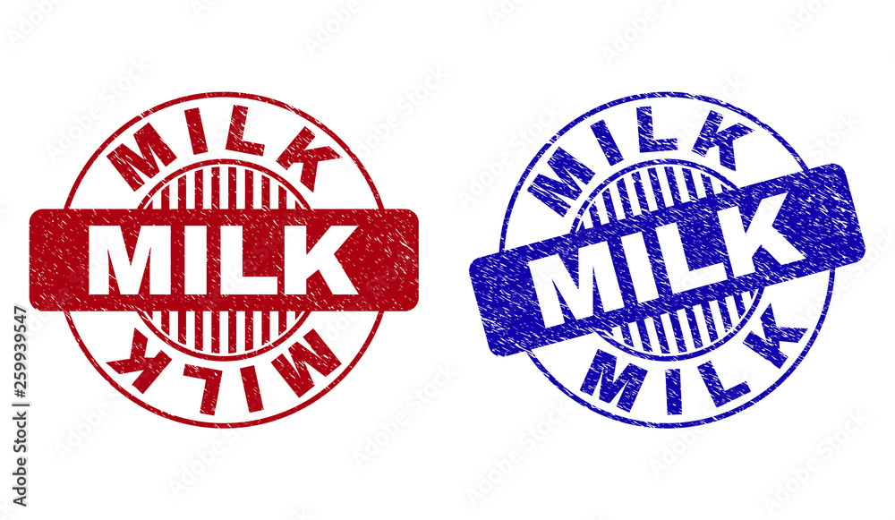 Grunge MILK round stamp seals isolated on a white background. Round ...