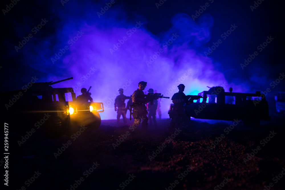 War Concept. Military silhouettes fighting scene on war fog sky ...