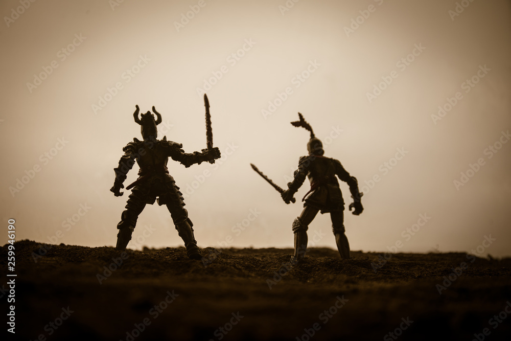 Medieval battle scene with cavalry and infantry. Silhouettes of figures ...