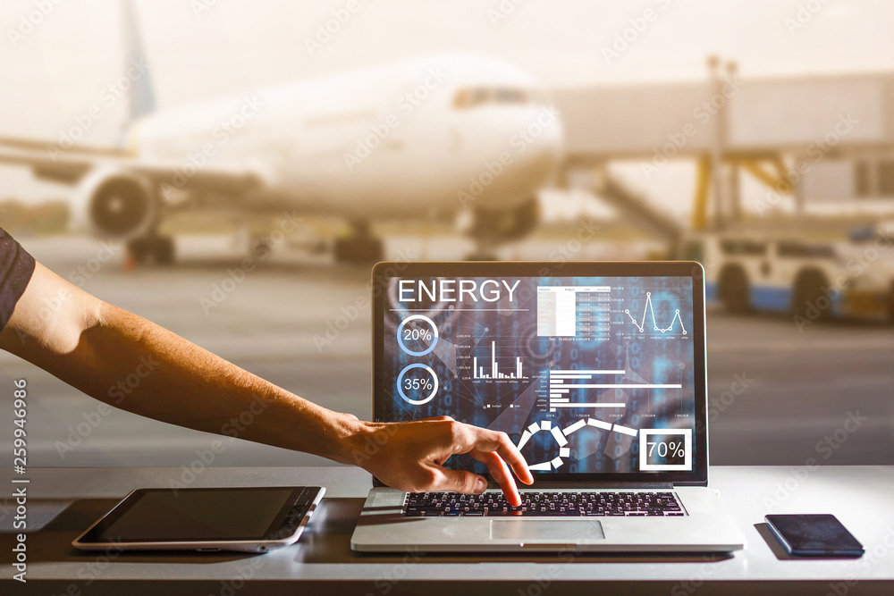 Blank screen laptop computer at the airport boarding area Stock Photo ...