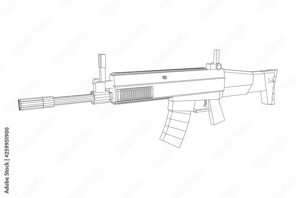 Assault rifle, automatic fire rifle model wireframe low poly mesh ...
