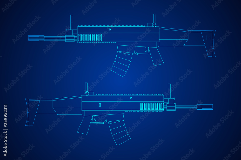 Assault rifle, automatic fire rifle model wireframe low poly mesh ...
