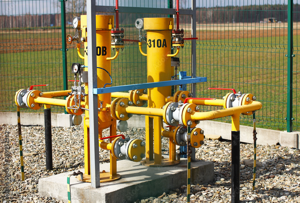 Element gas line high and medium pressure. Yellow transport pipes on ...