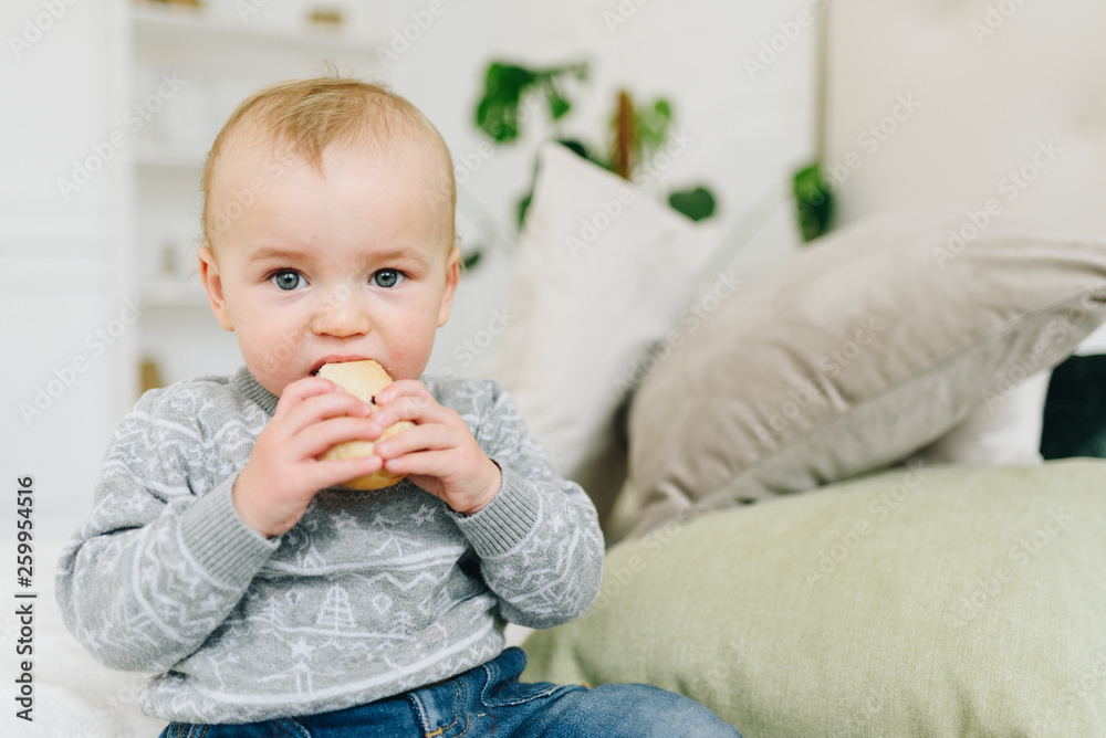 Very cute little toddler boy snacking. Baby or small child eating a ...