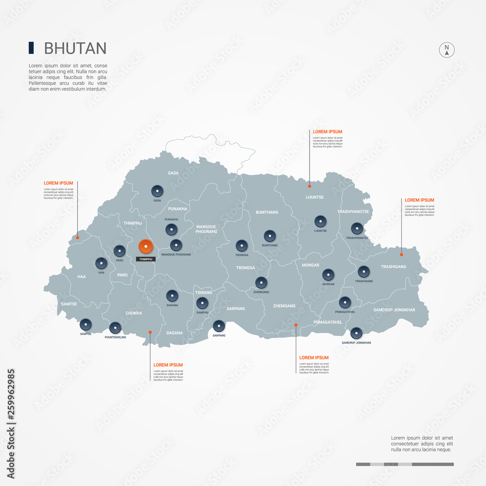 Bhutan map with borders, cities, capital and administrative divisions ...
