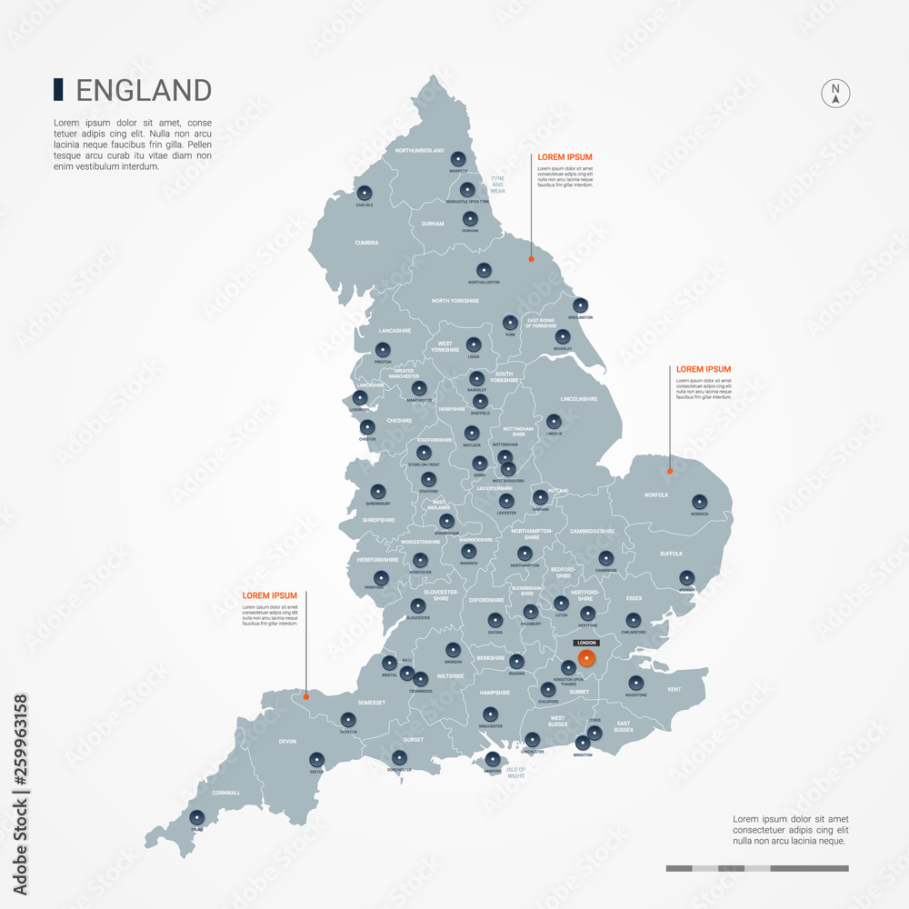 England map with borders, cities, capital and administrative divisions ...