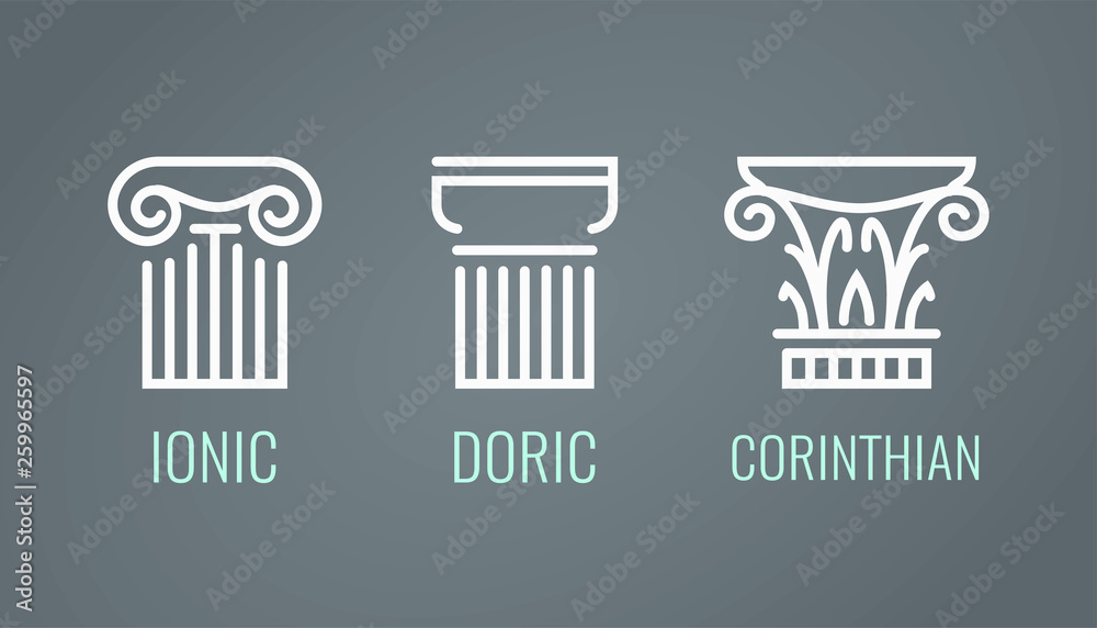 Ionic, Doric and Corinthian icons in lineart style on dark background ...