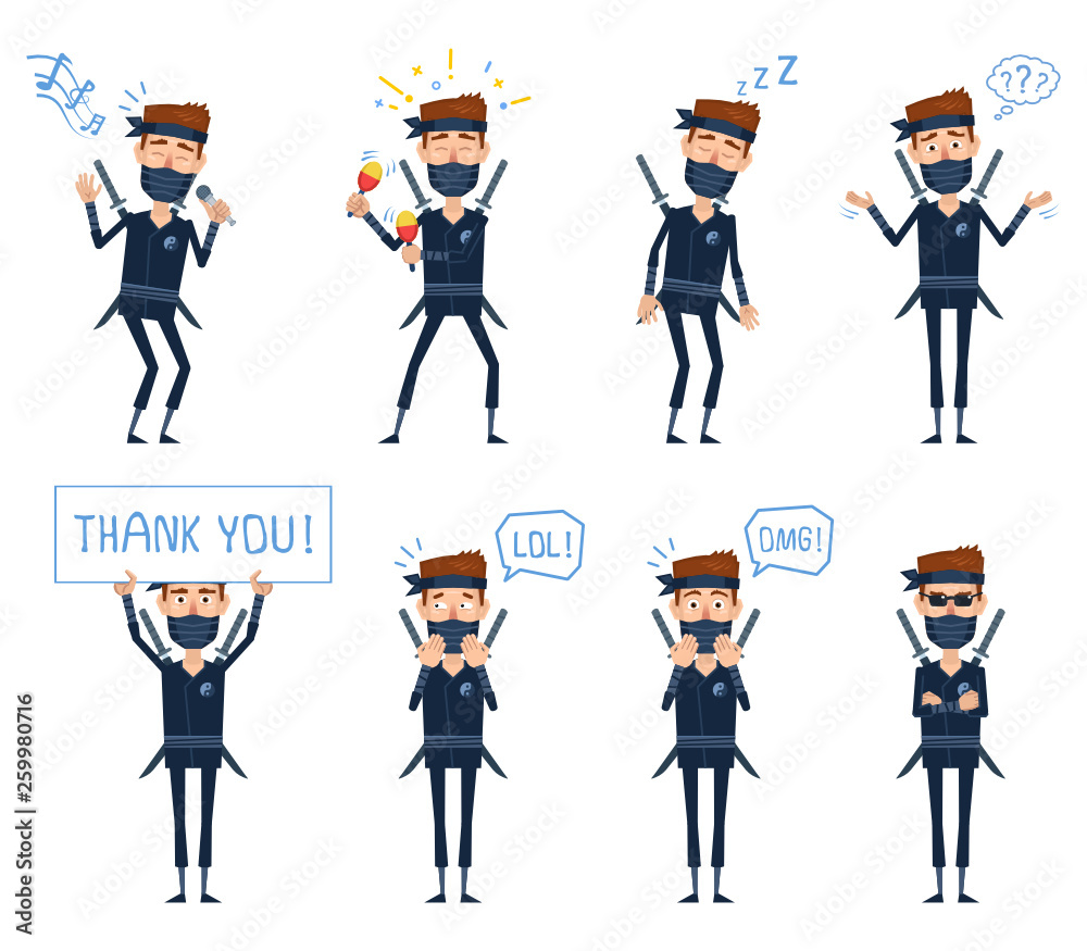 Set of ninja characters posing in different situations. Cheerful ninja ...