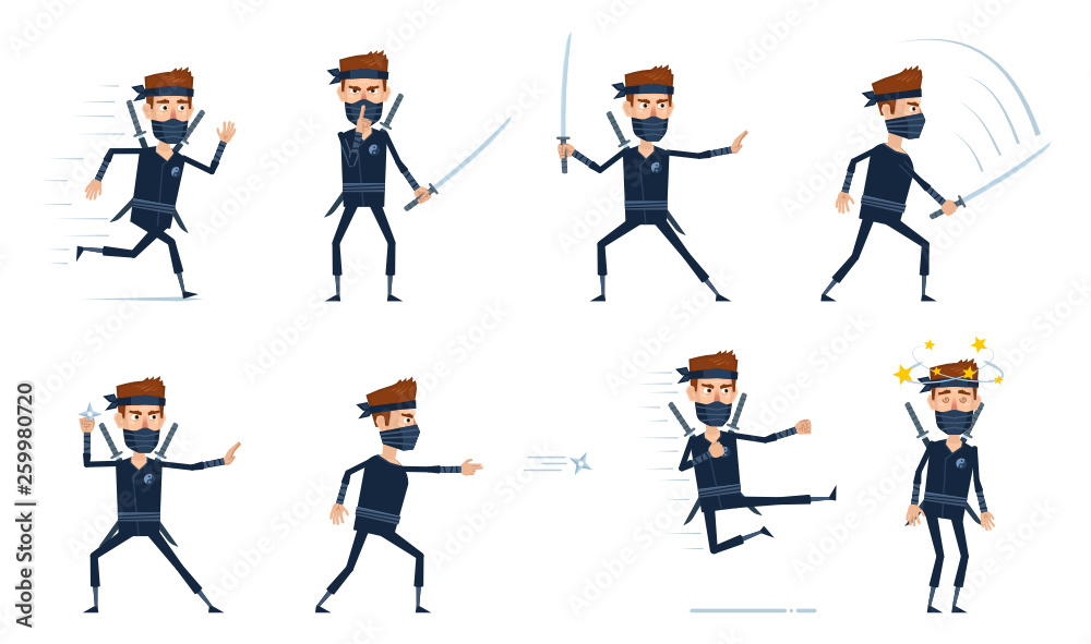 Set of ninja characters showing different actions. Cheerful ninja ...