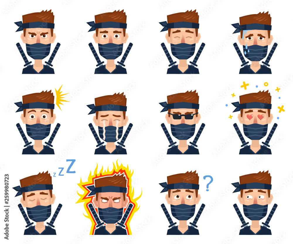 Big set on ninja character emoticons. Ninja avatars showing different ...