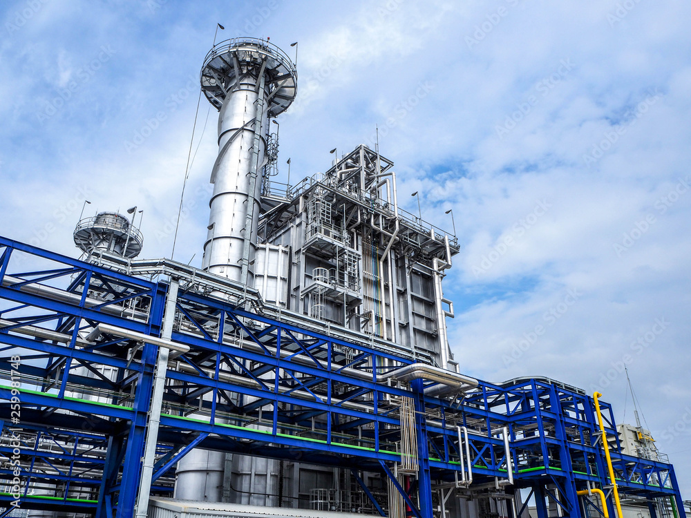 Steam pipe line and blue pipe rack in power plant. Stock Photo | Adobe ...