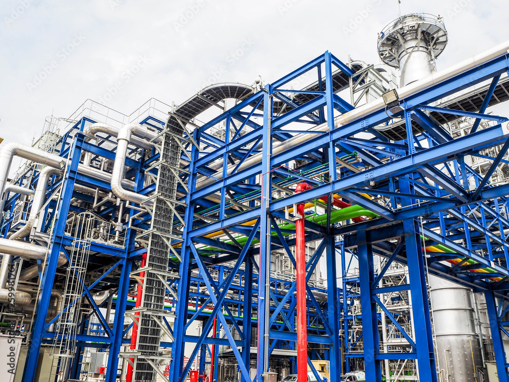Steam pipe line and blue pipe rack in power plant. Stock Photo | Adobe ...