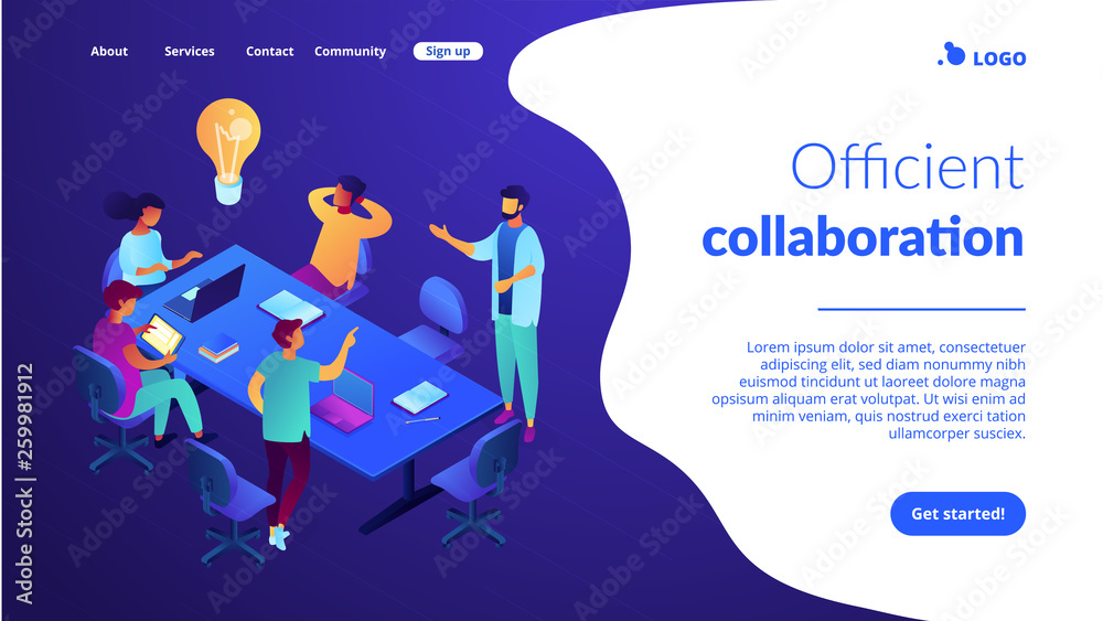 Tiny business people team at table brainstorming, sharing ideas ...