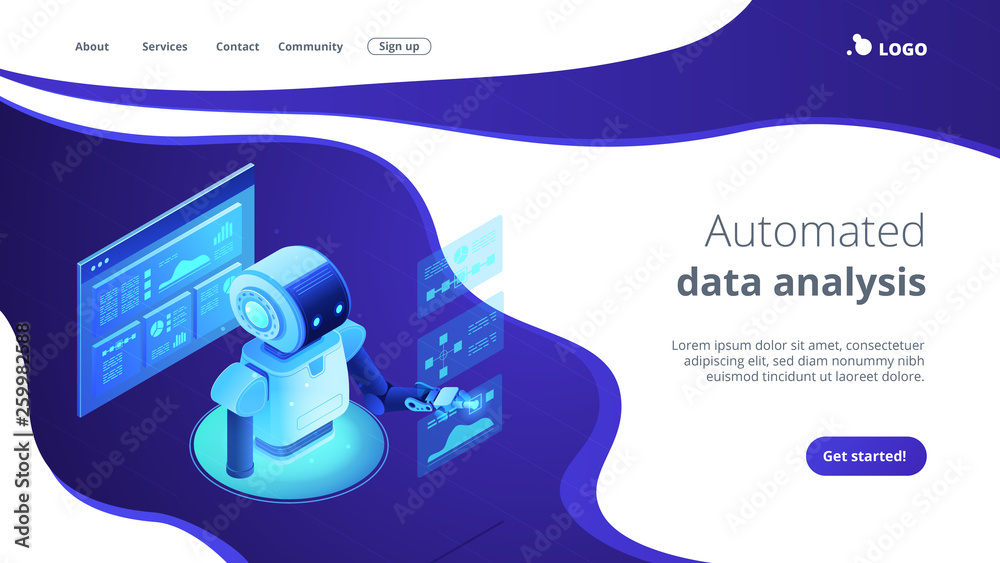 Modern robot working with analytics data pie charts and graphs. Bot marketing, automated data ...