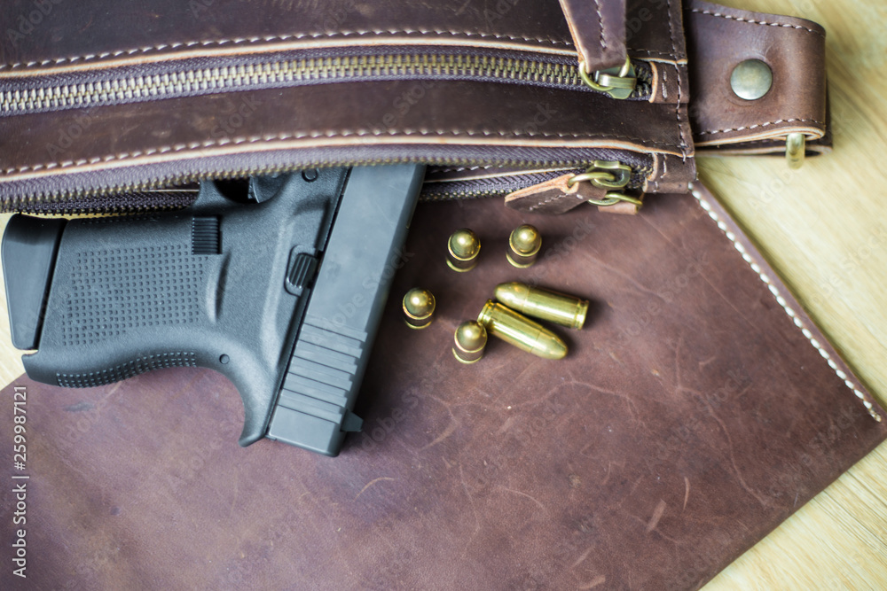 9mm Sub compact everday carry modern gun with bullet on leather ...