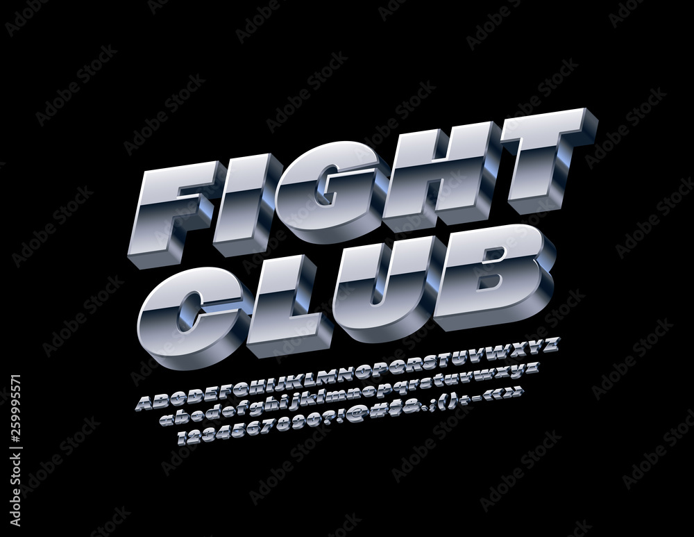 Vector metallic Sign Fight Club. Set of steel Alphabet Letters, Numbers ...