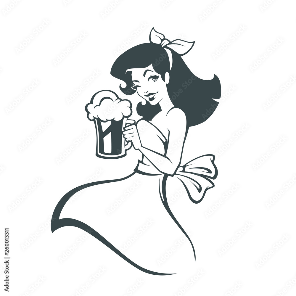 Sexy girl and beer, vector outline image for your bar or pub sticker ...
