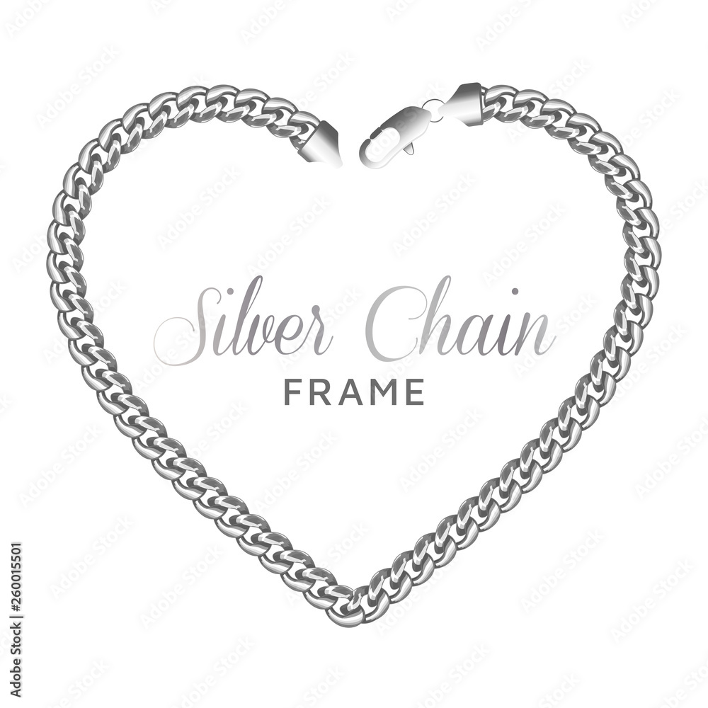Silver chain heart love border frame. Wreath shape with a lobster claw ...