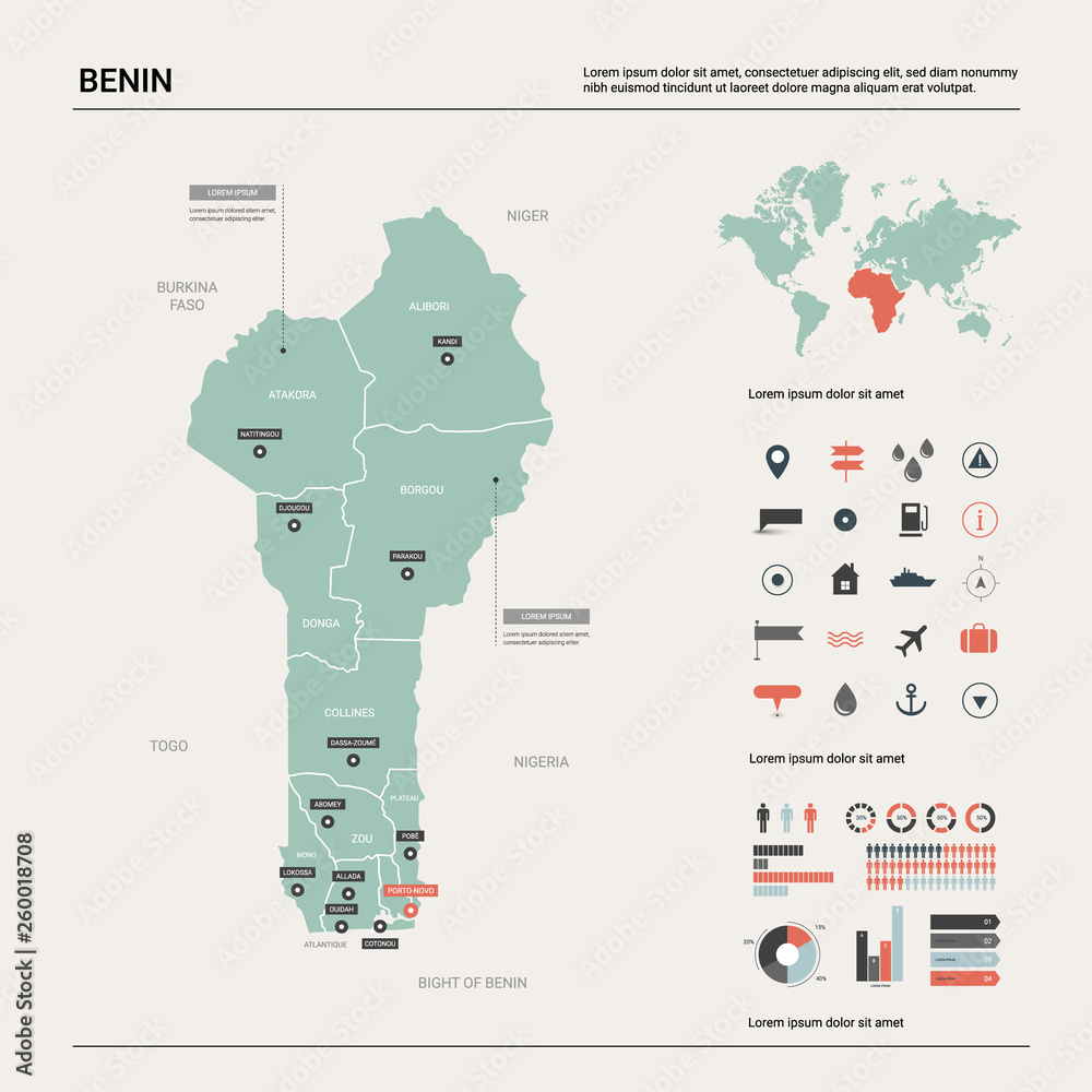 Vector map of Benin. High detailed country map with division, cities ...