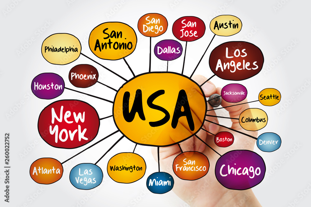 USA cities mind map flowchart with marker, travel business concept for ...