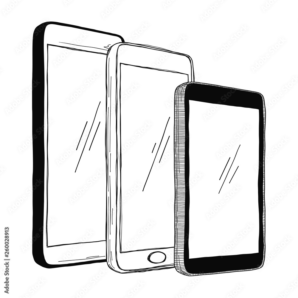 Sketch of smartphones. The set of phones is isolated on a white ...